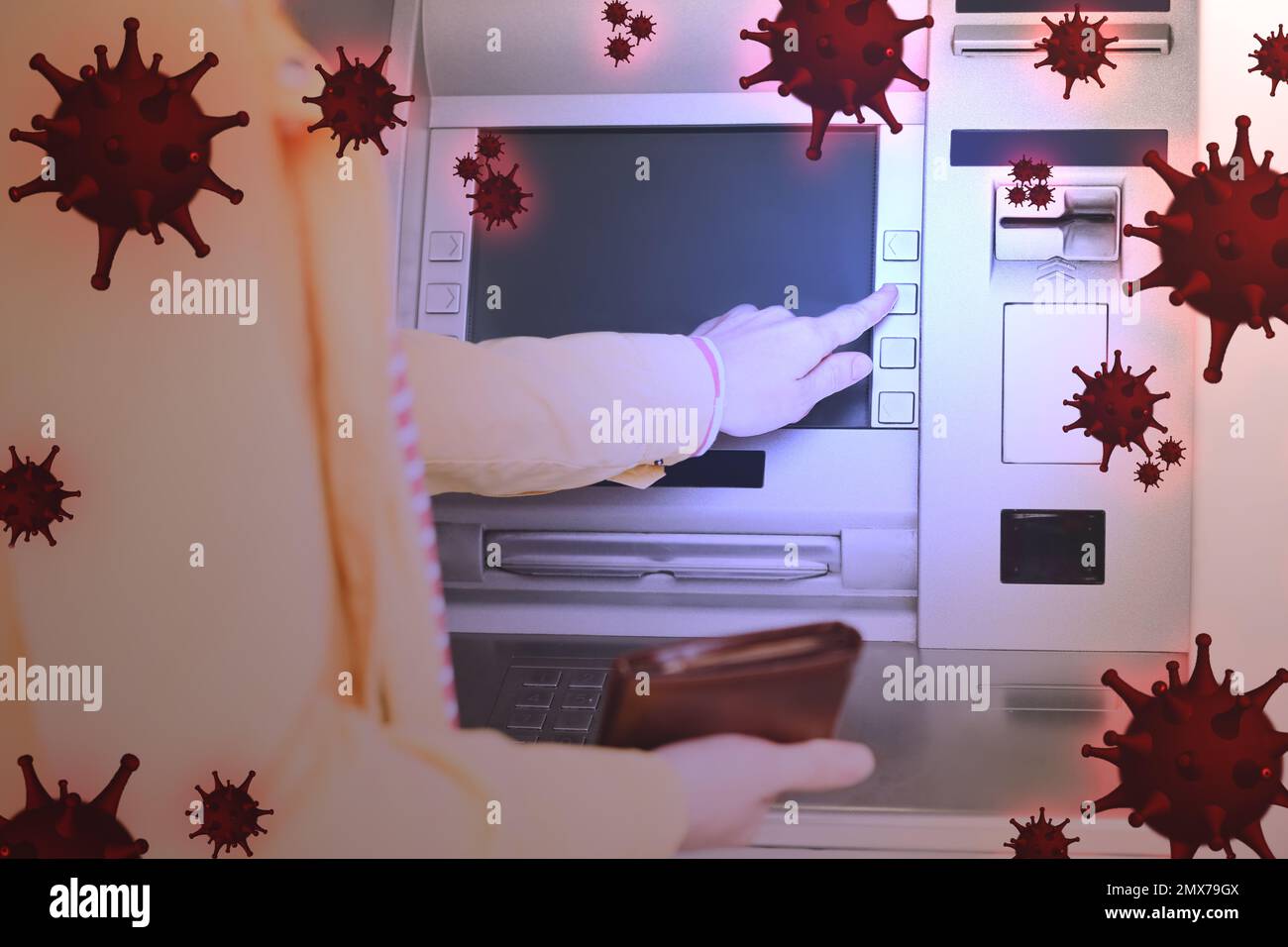 Use cash machine careful during coronavirus outbreak. Woman withdrawing ...