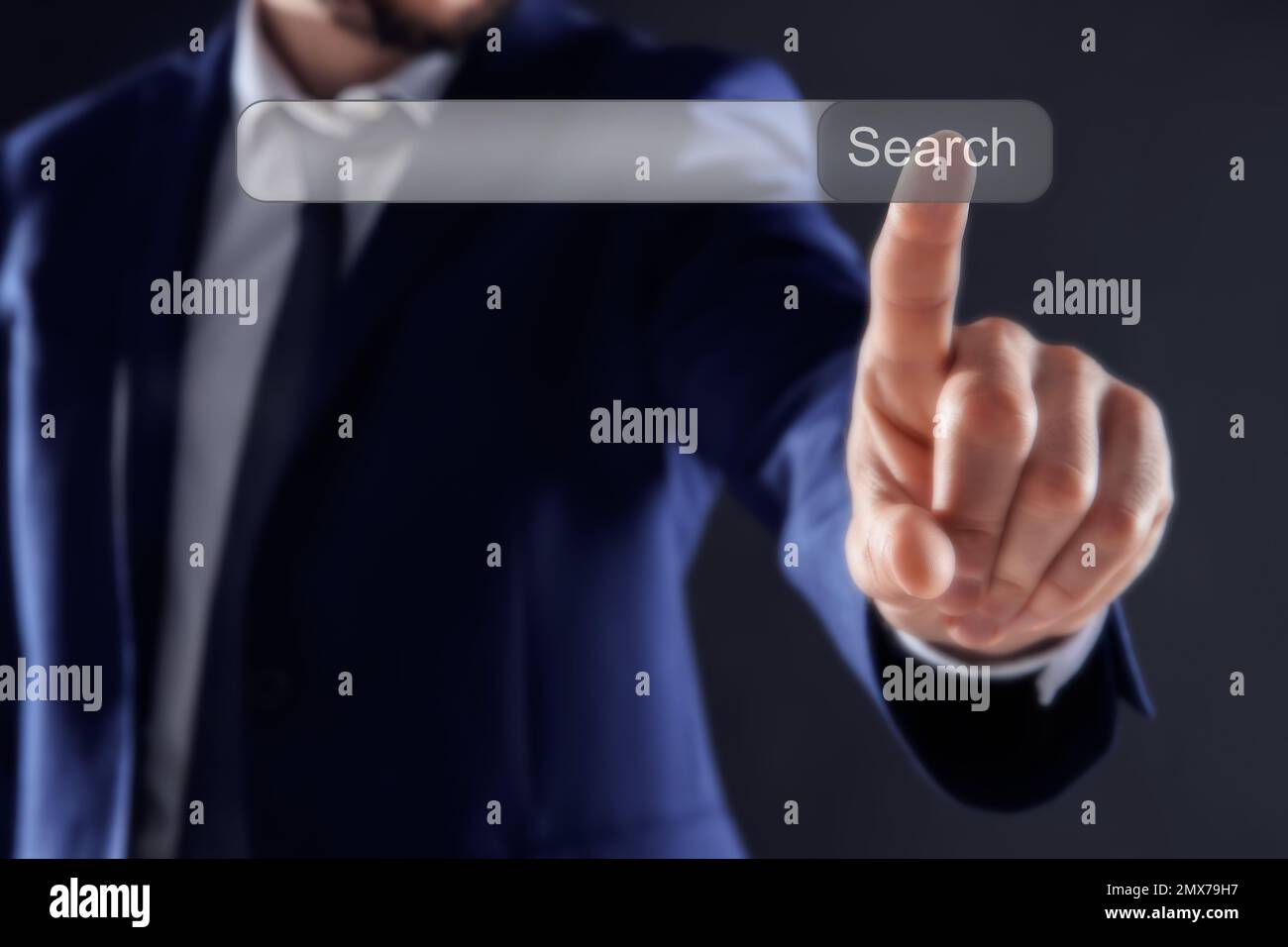 Businessman using search bar on virtual screen, closeup Stock Photo - Alamy