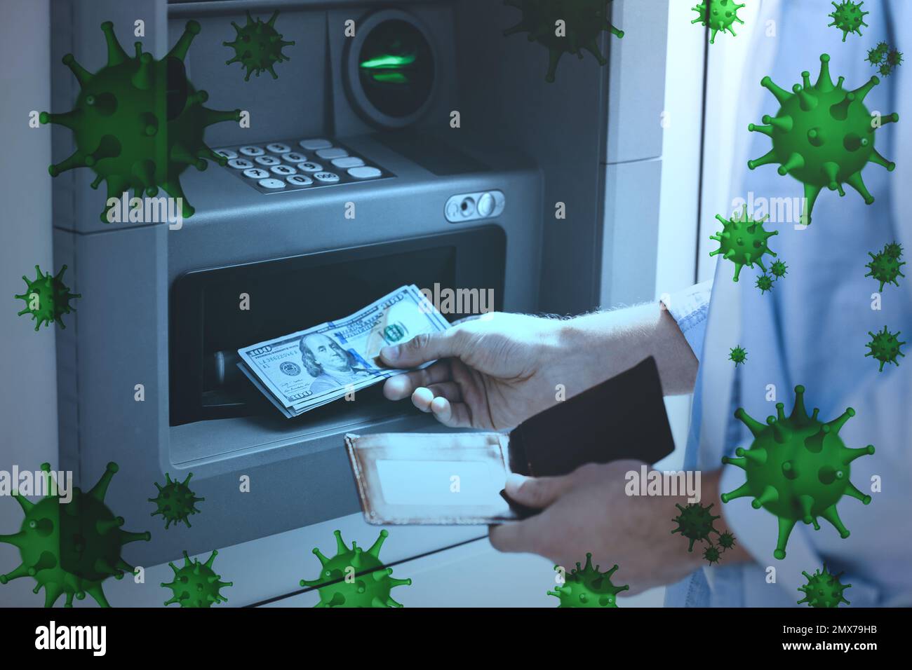 Use cash machine careful during coronavirus outbreak. Man withdrawing ...