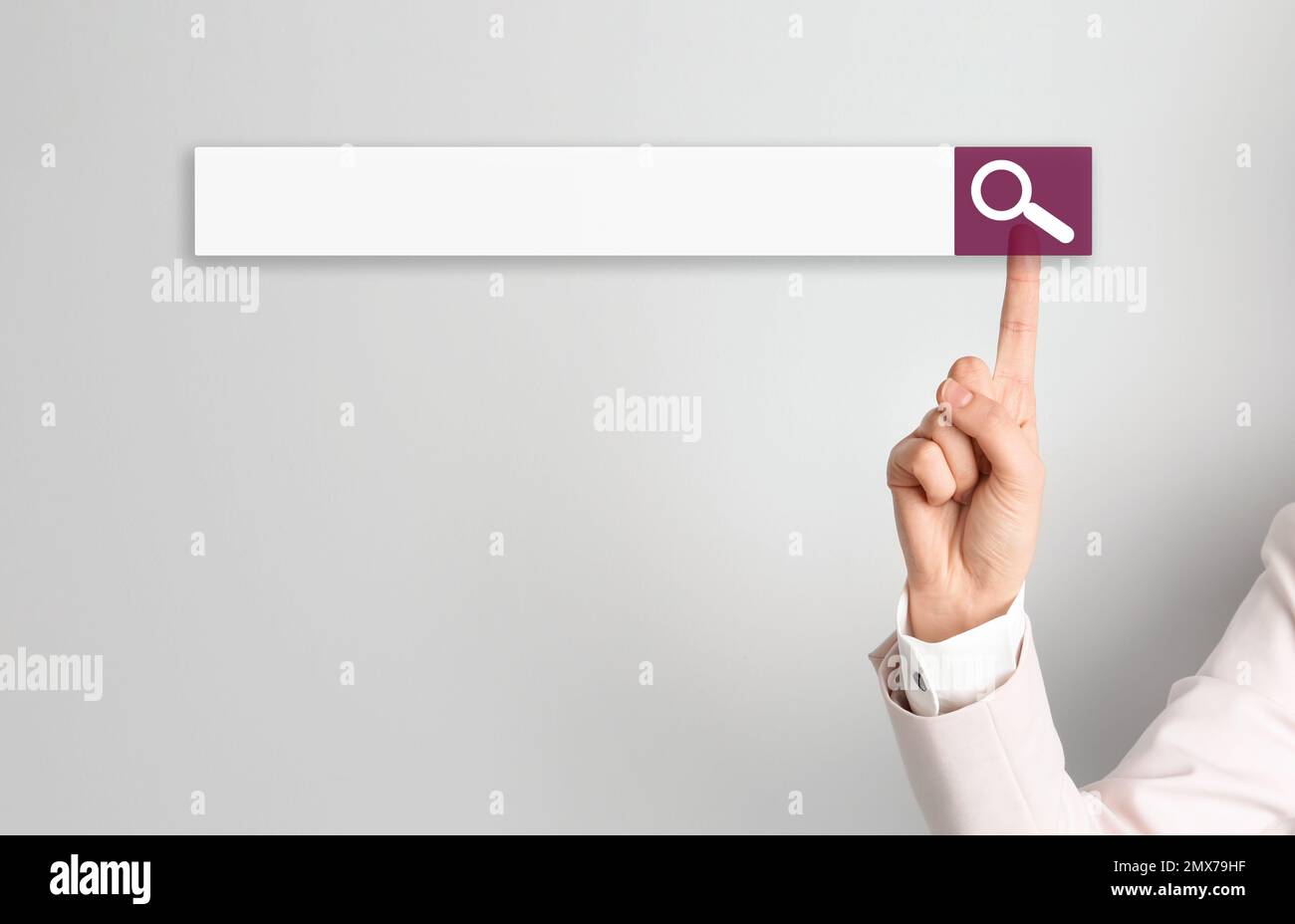 Woman using search bar on virtual screen, closeup Stock Photo - Alamy