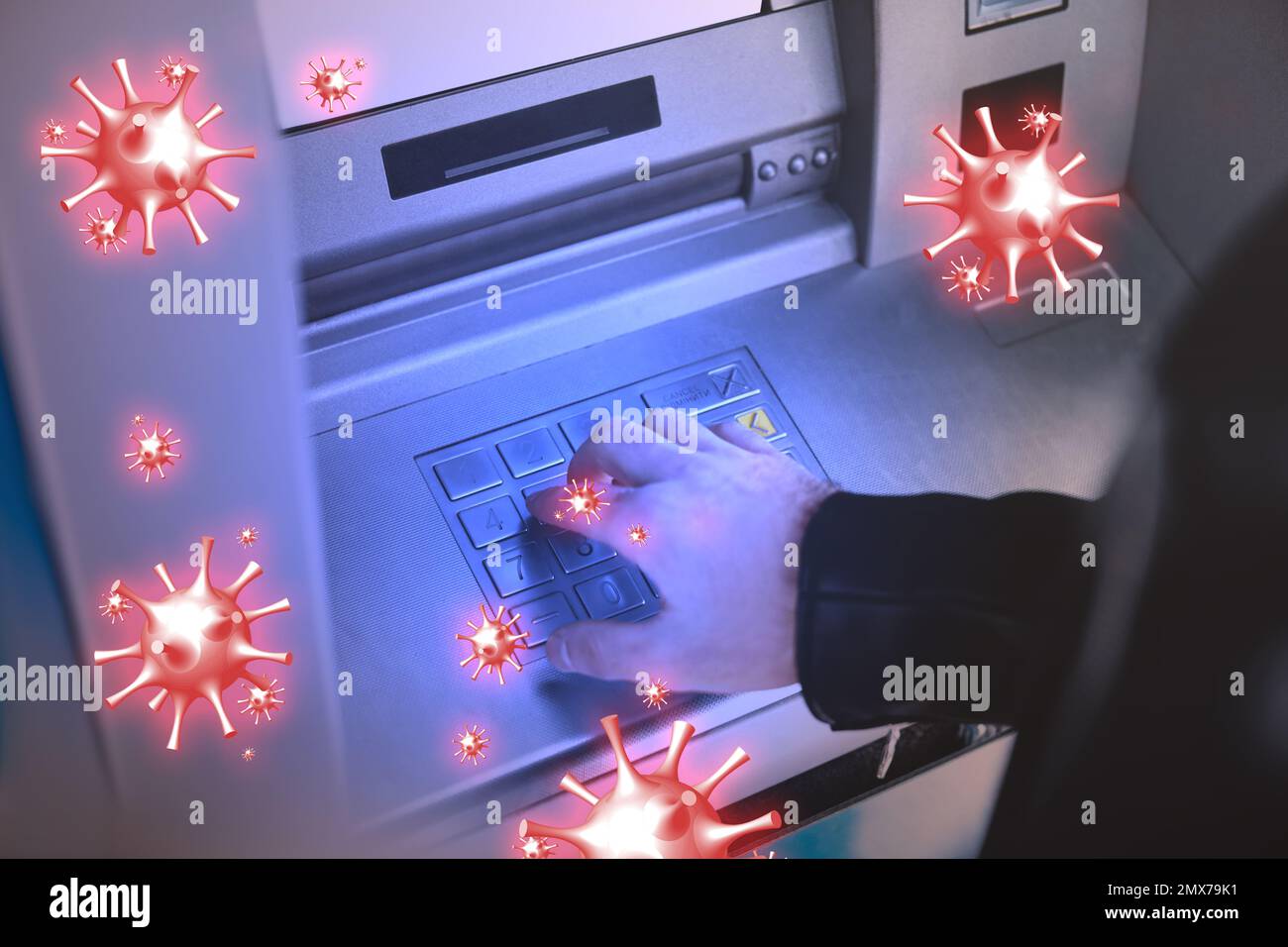 Use cash machine careful during coronavirus outbreak. Man withdrawing ...