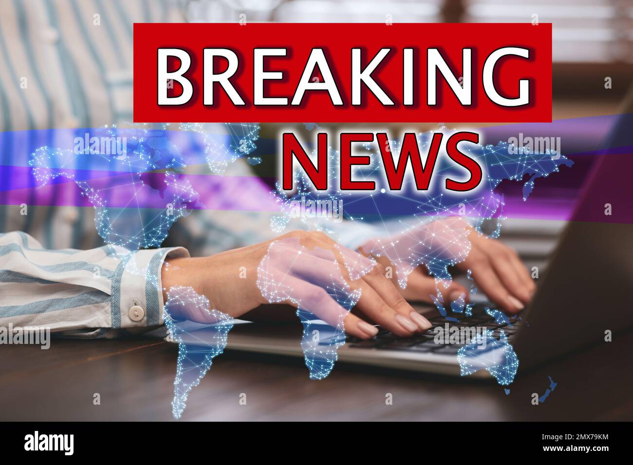 Breaking News. Journalist working with laptop indoors, closeup. Digital ...