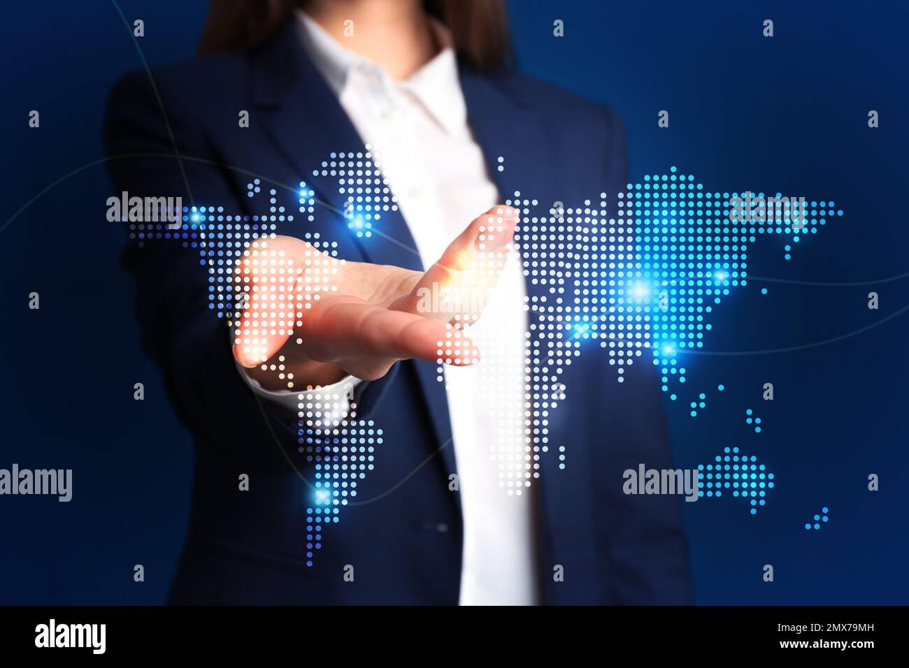 Travel agency services. Woman demonstrating world map on virtual screen ...