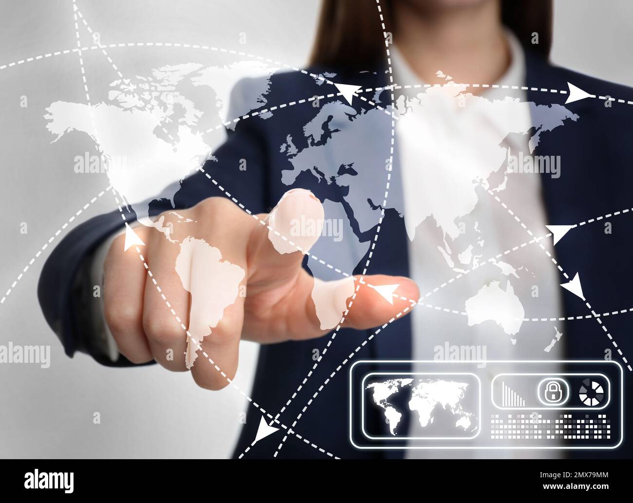 Travel agency services. Woman touching world map on virtual screen ...