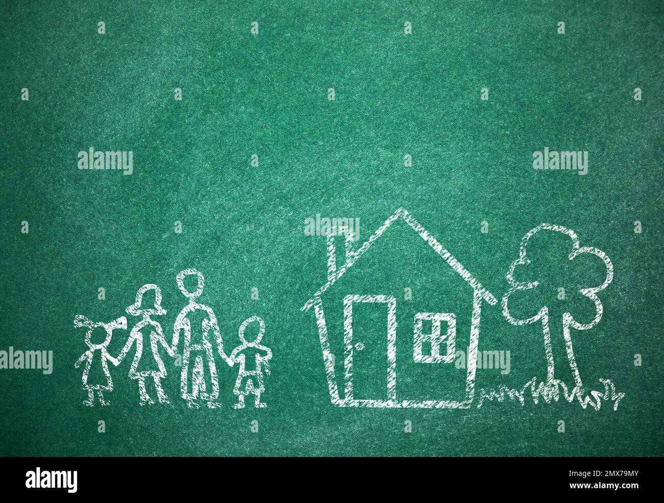 House and family drawn with chalk on school board Stock Photo - Alamy