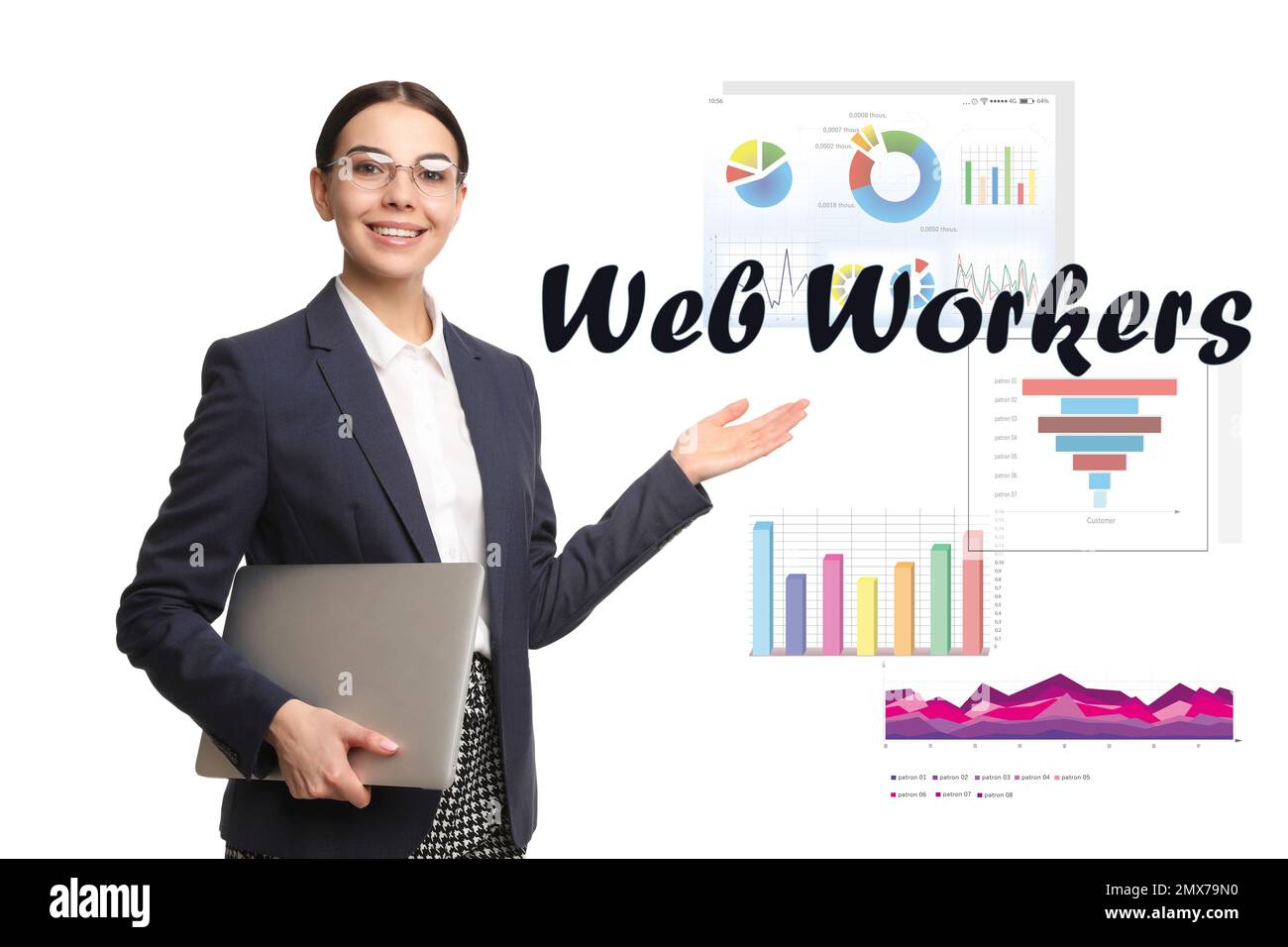 Young woman with laptop showing schemes on white background. Web workers Stock Photo - Alamy