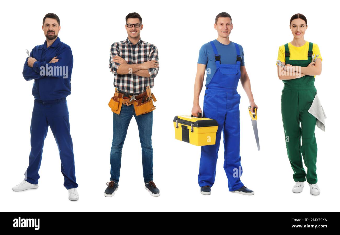 Collage with people of different professions on white background Stock ...