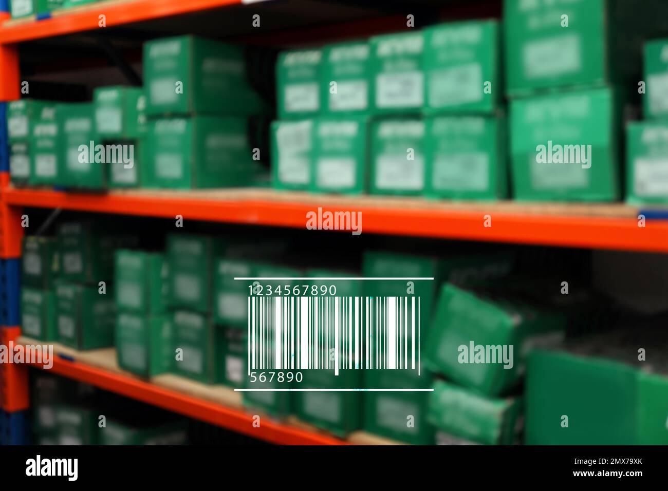Barcode and blurred view of modern wholesale shop with merchandise ...