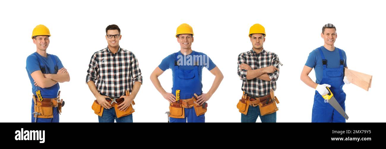 Collage of handsome carpenters on white background Stock Photo - Alamy