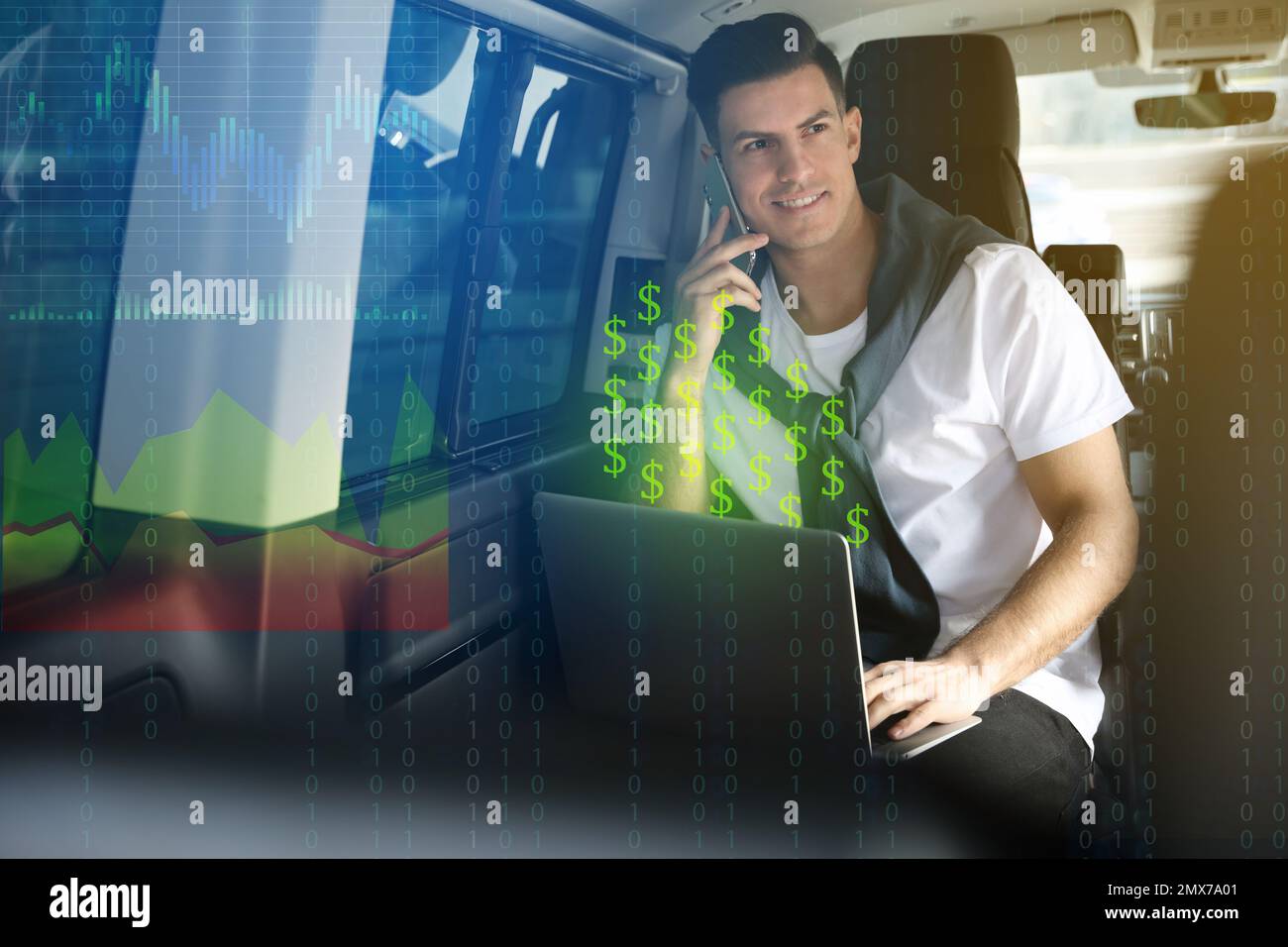 Businessman working in car surrounded by digital charts and dollar ...