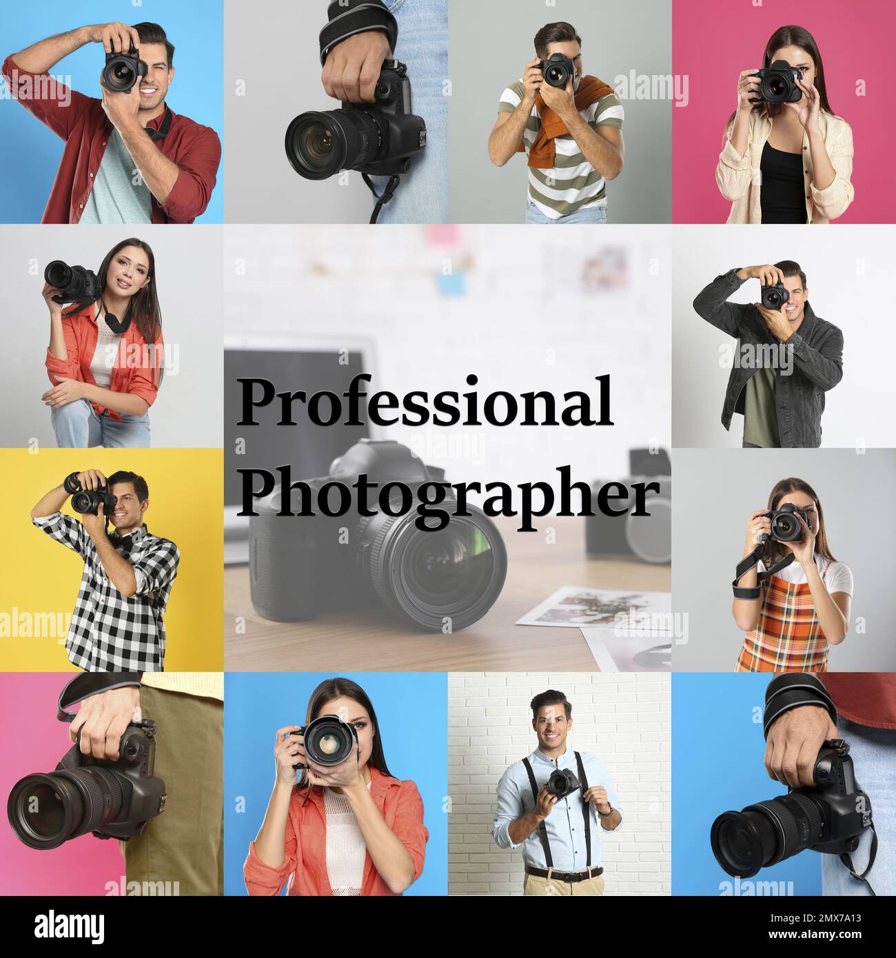 Collage of different people with cameras and text Professional ...