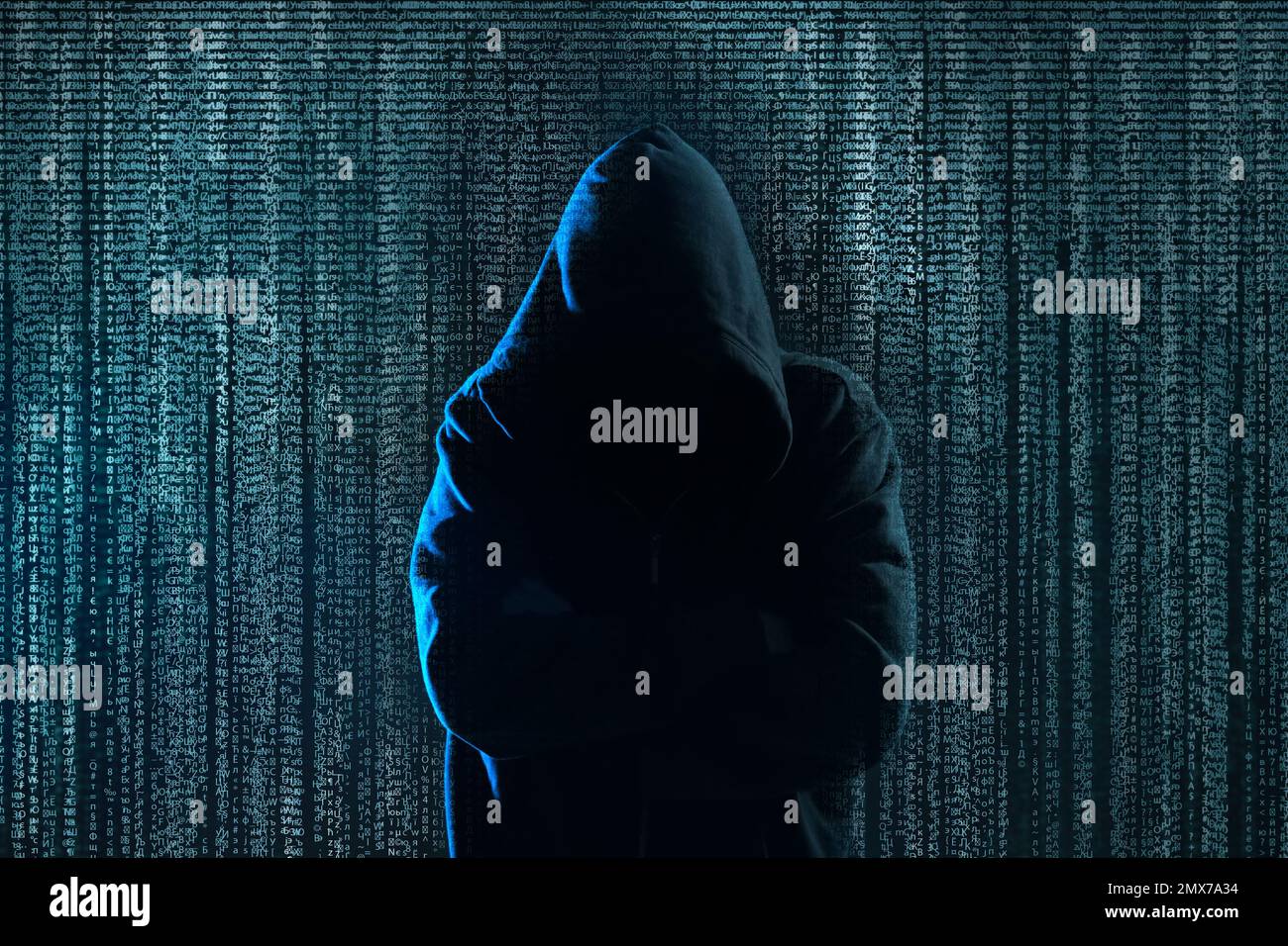 Hacker and digital symbols on dark background. Cyber crime concept ...