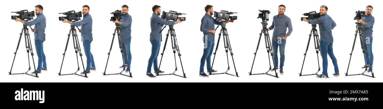 Collage of operator with professional video camera on white background ...