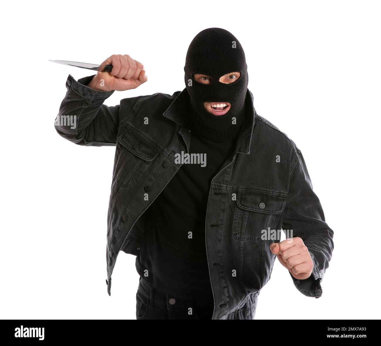 Man in mask with knife on white background. Dangerous criminal Stock ...