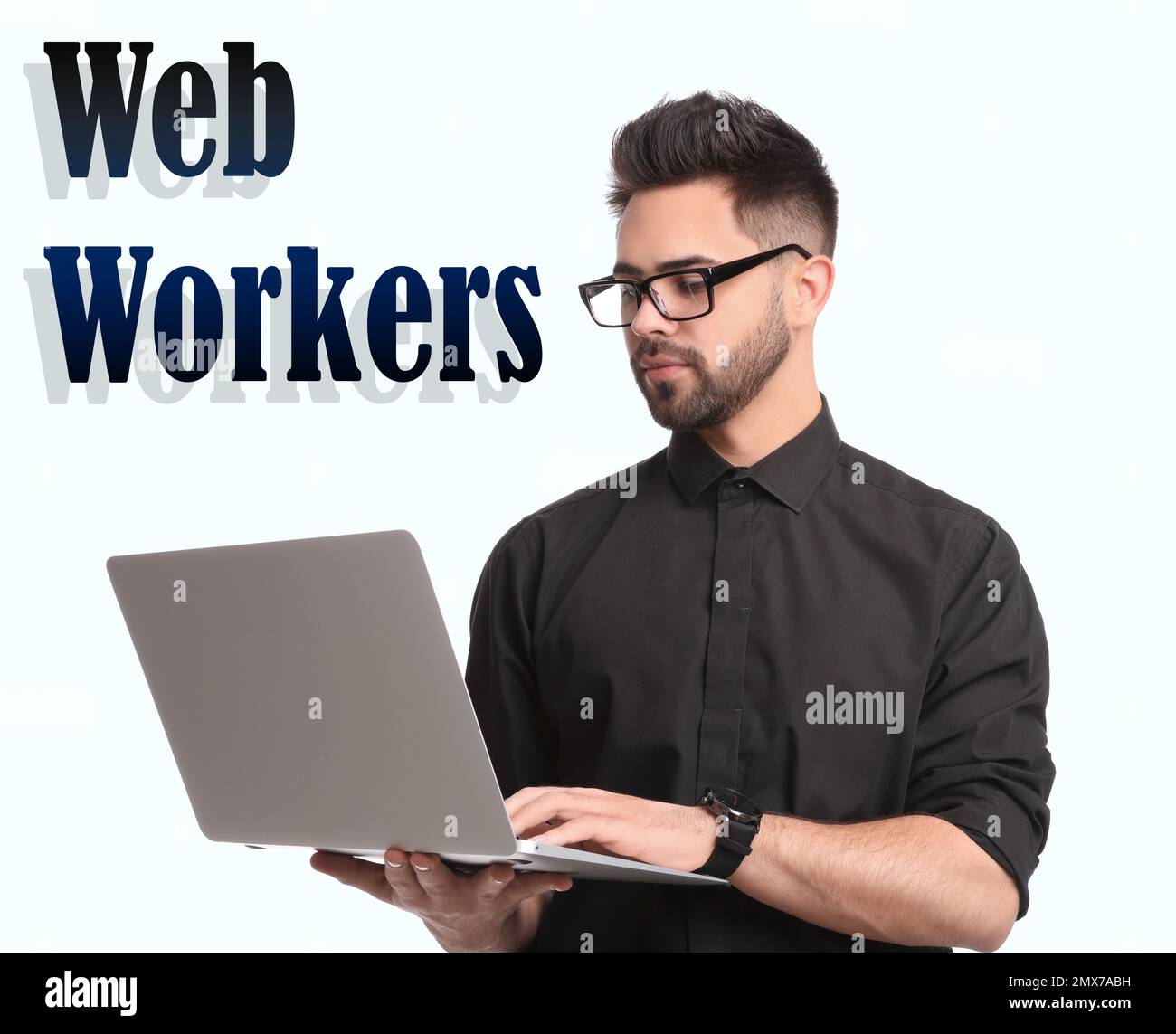 Young man with laptop and words WEB WORKERS on white background Stock ...
