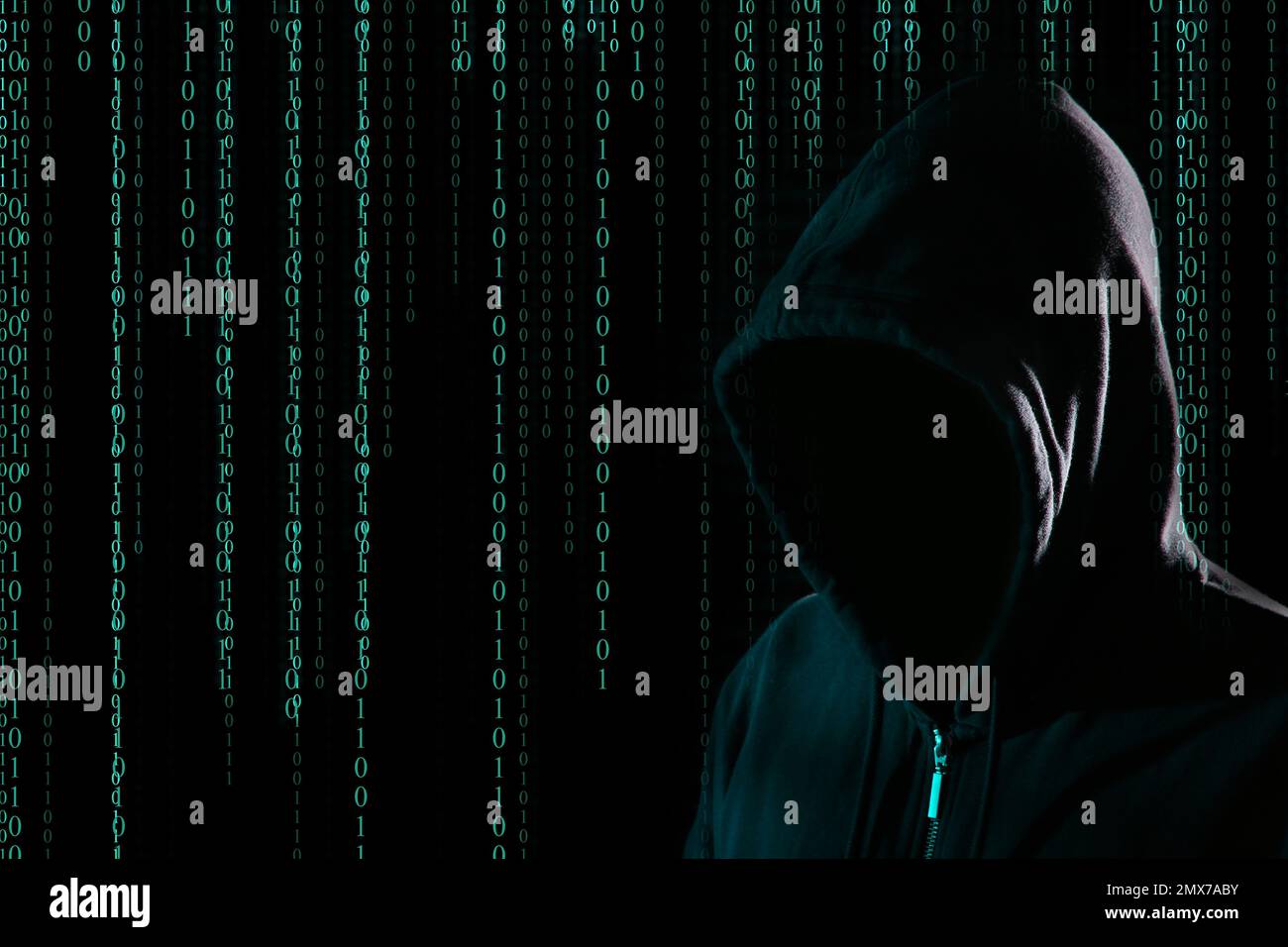 Hacker and digital binary code on dark background. Cyber crime concept ...