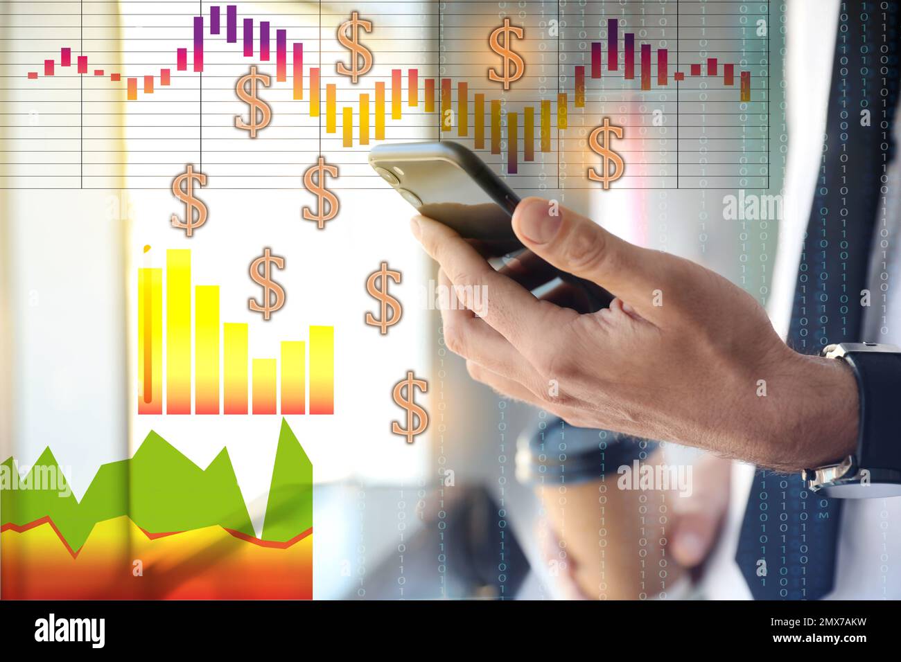 People making money. Closeup of businessman using smartphone indoors ...