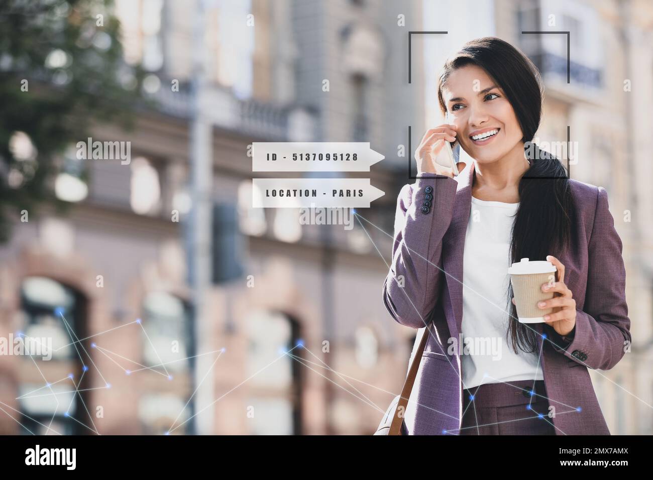 People search by facial recognition. Woman outdoors with scanner frame ...