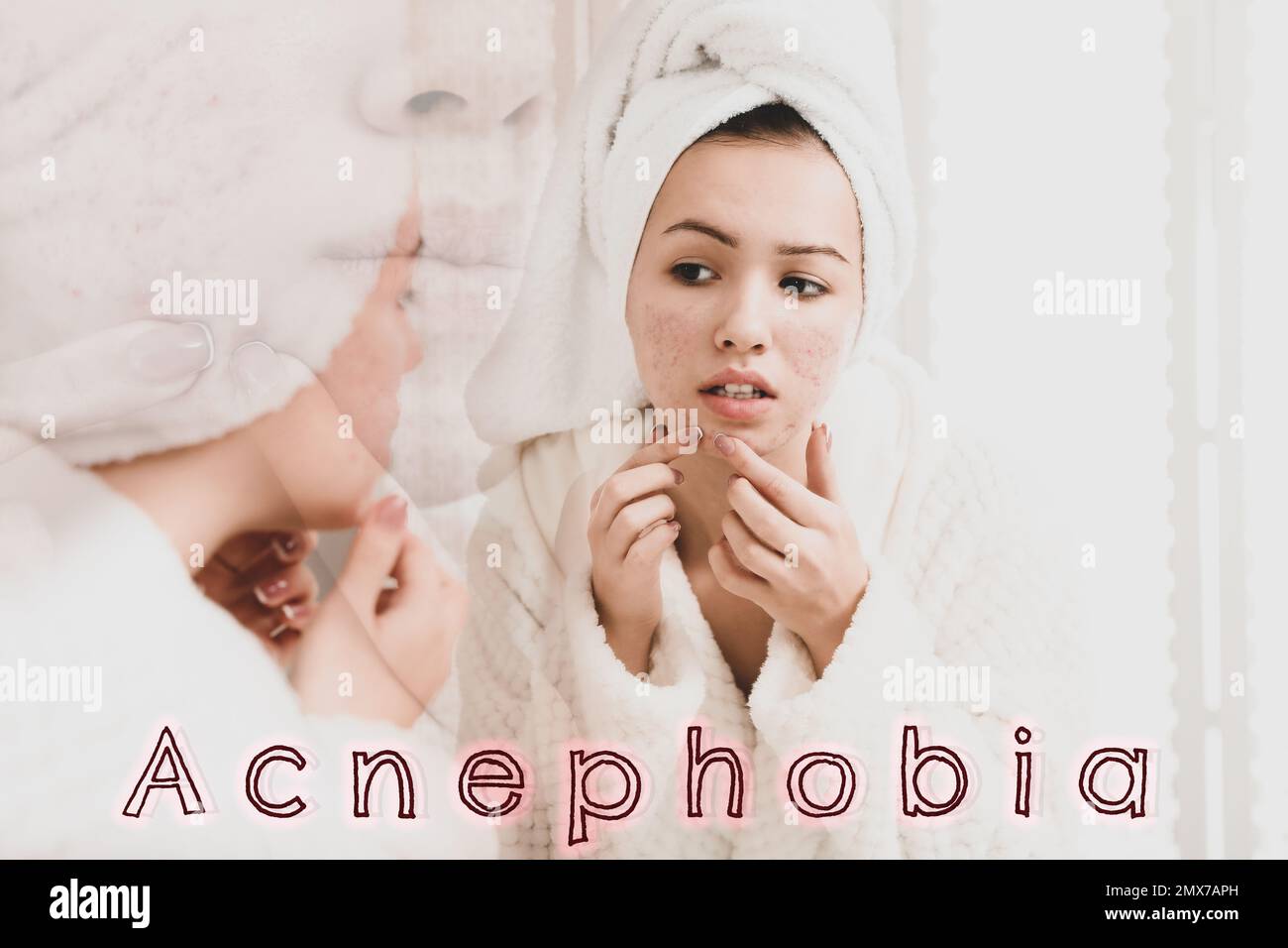 Acnephobia concept. Woman squeezing pimples, double exposure Stock ...