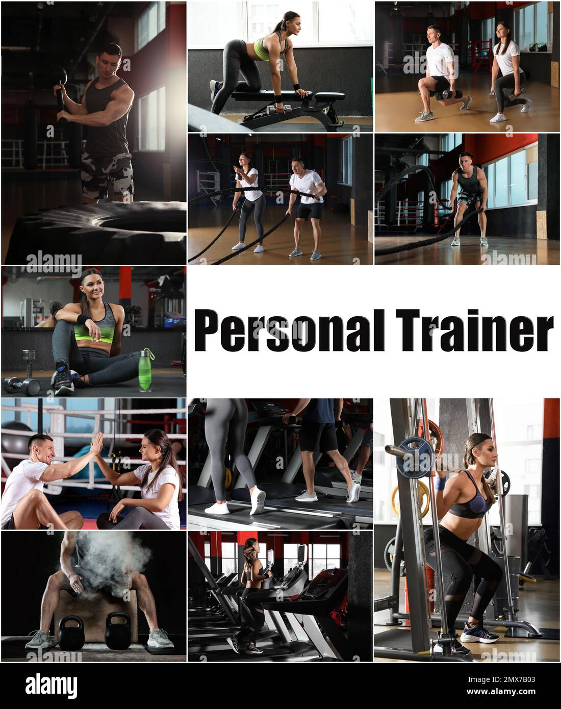 Collage of people in modern gym and text Personal Trainer Stock Photo ...