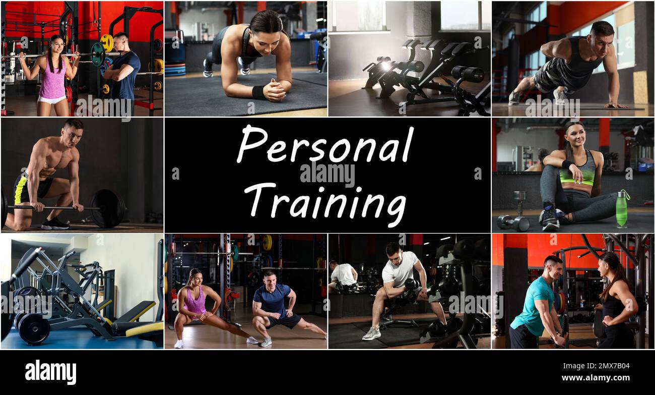 Collage of people in modern gym and text Personal Training Stock Photo ...