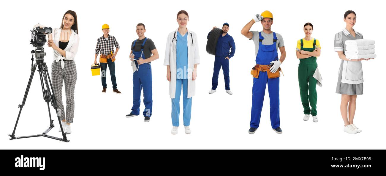 Collage with people of different professions on white background ...