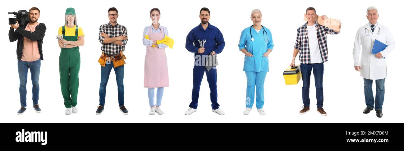 Collage with people of different professions on white background ...