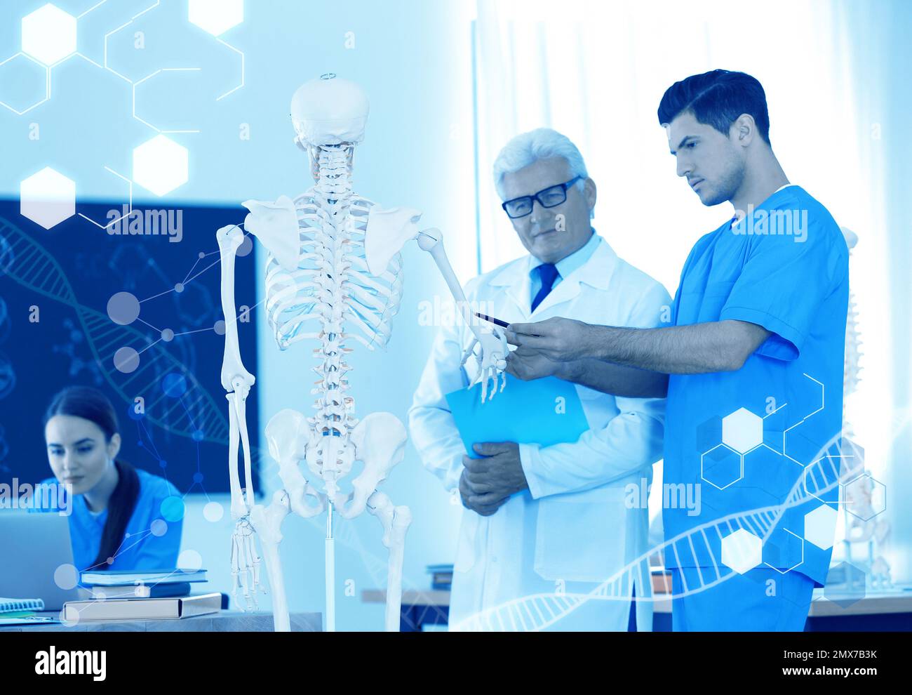 Medical students and professor studying human skeleton anatomy in ...