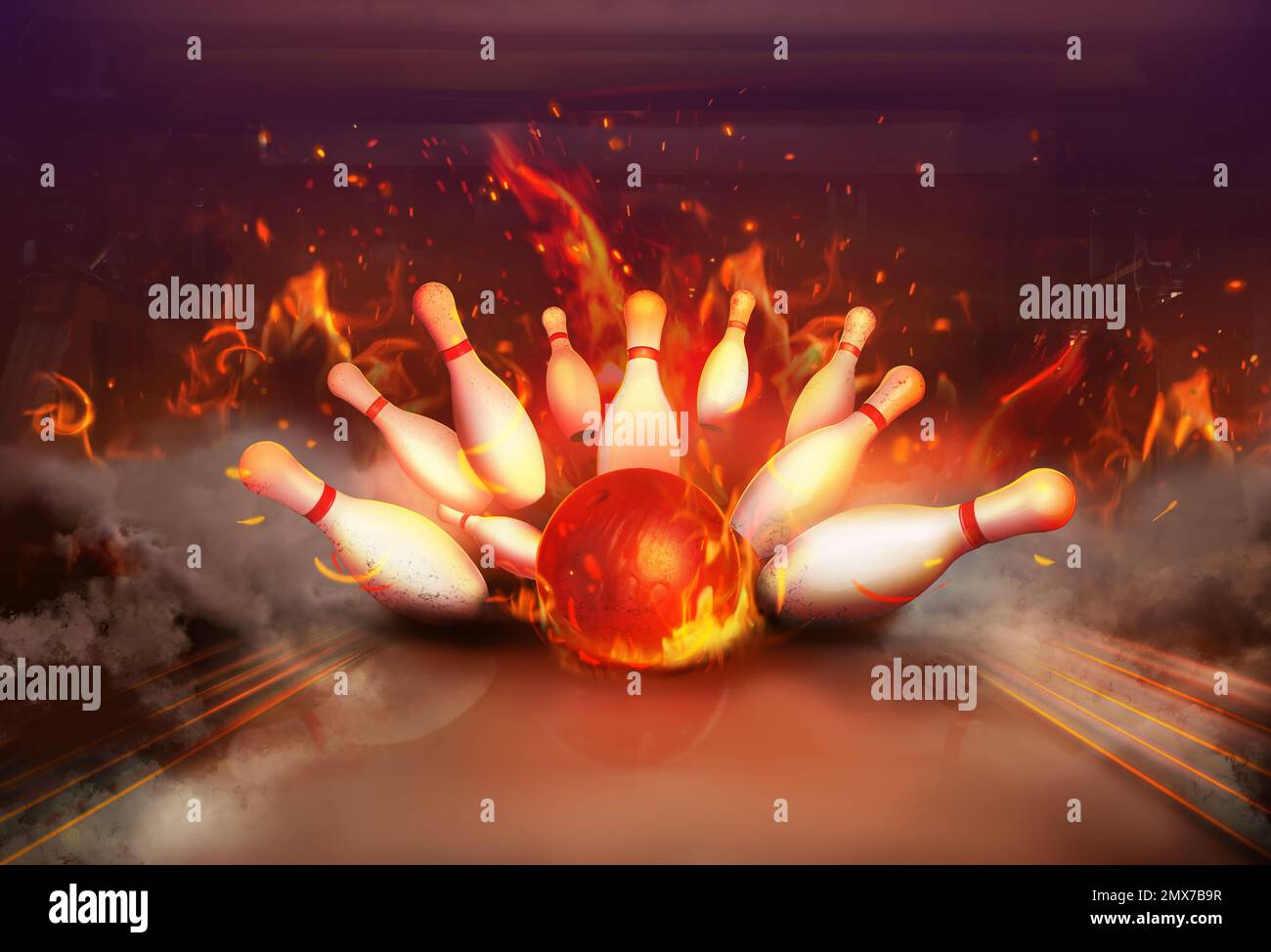Flaming bowling ball bouncing pins. Successful hit - strike Stock Photo ...