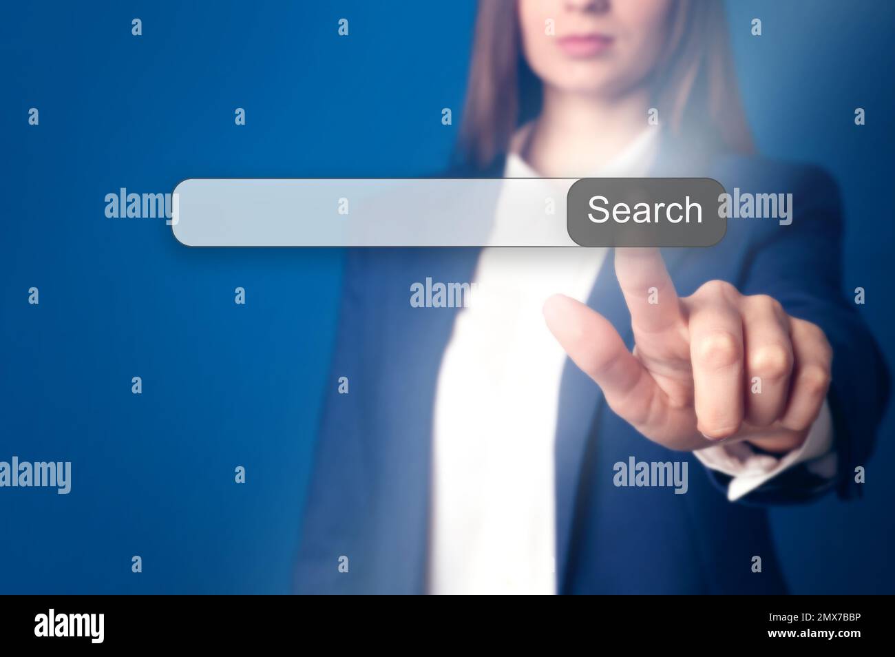 Businesswoman using search bar on virtual screen, closeup Stock Photo ...