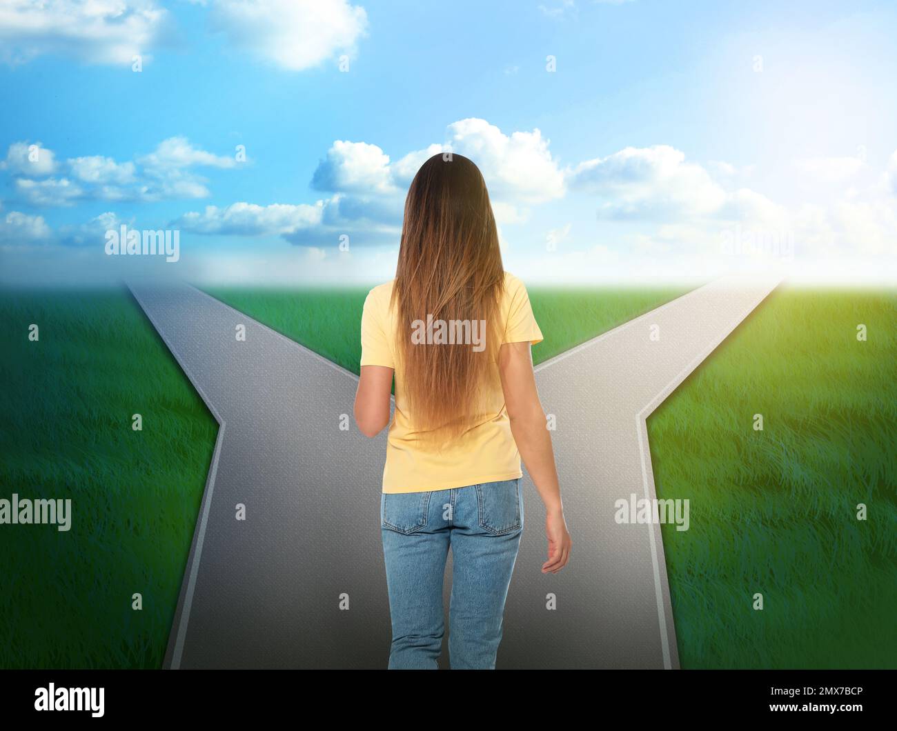 Choose your way. Woman standing at crossroads taking important decision ...