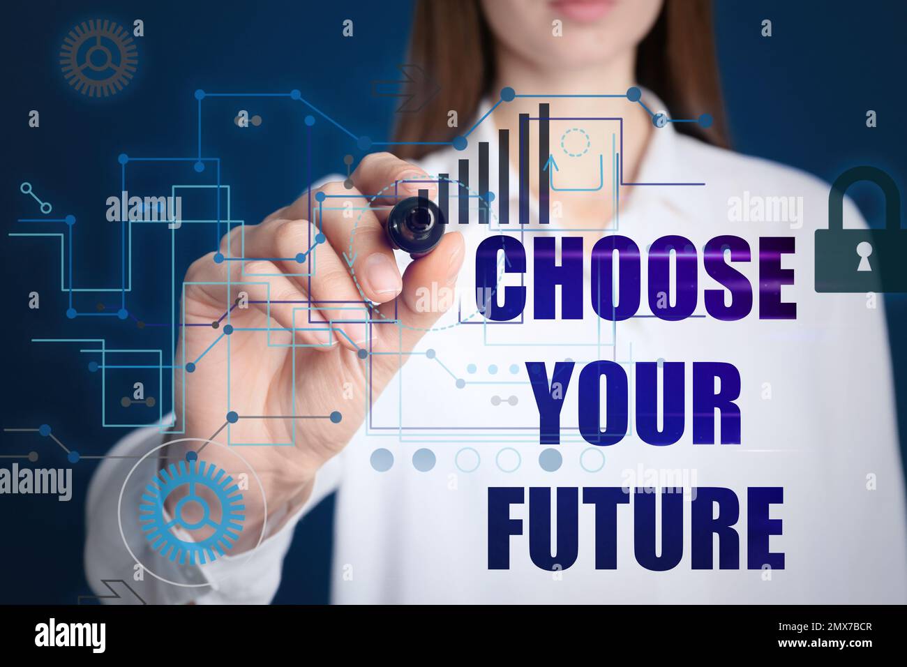Choose Your Future - career concept. Woman working with marker, closeup ...