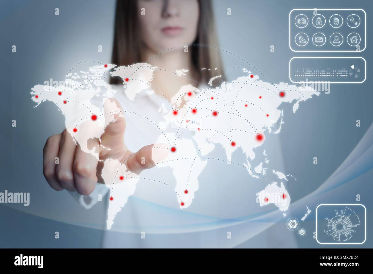 Travel agency services. Woman touching world map on virtual screen ...