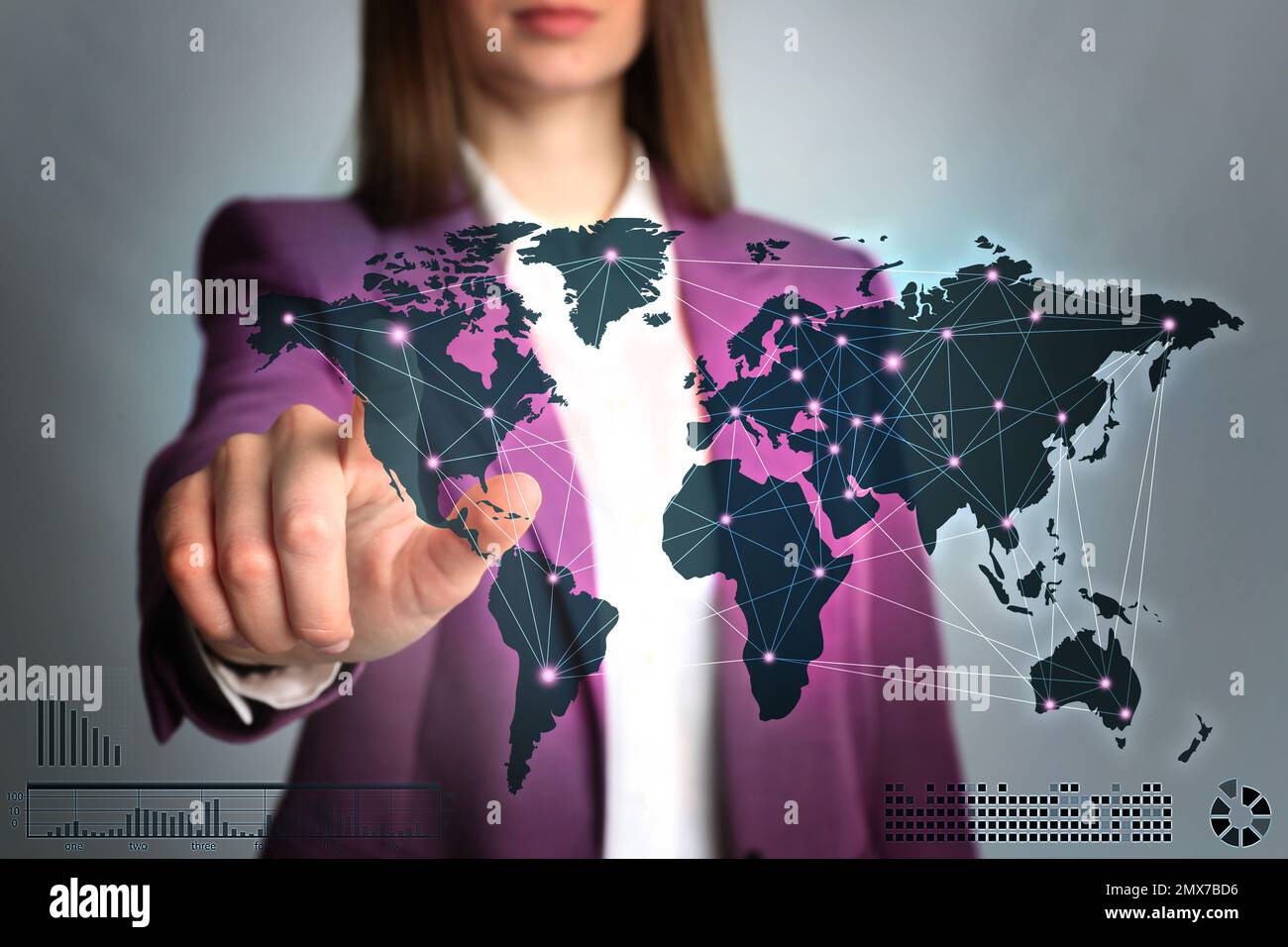Travel agency services. Woman touching world map on virtual screen ...