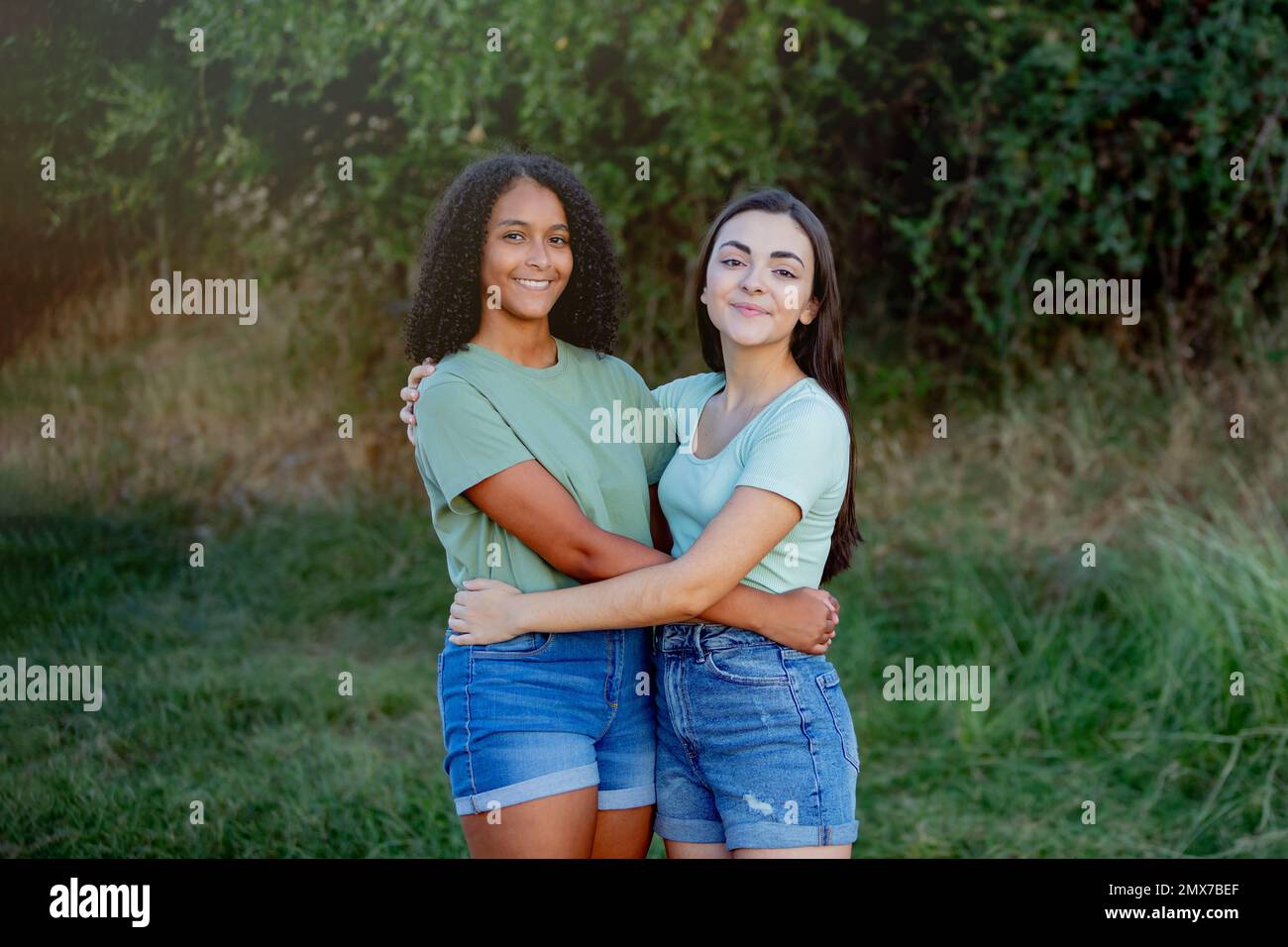 Two girls friends in the countryside enjoying a beautiful day Stock ...