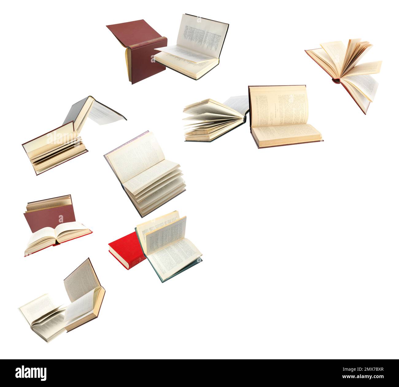 Old hardcover books flying on white background Stock Photo - Alamy