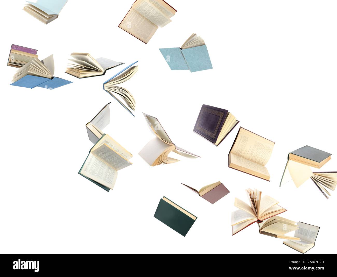 Old hardcover books flying on white background Stock Photo - Alamy