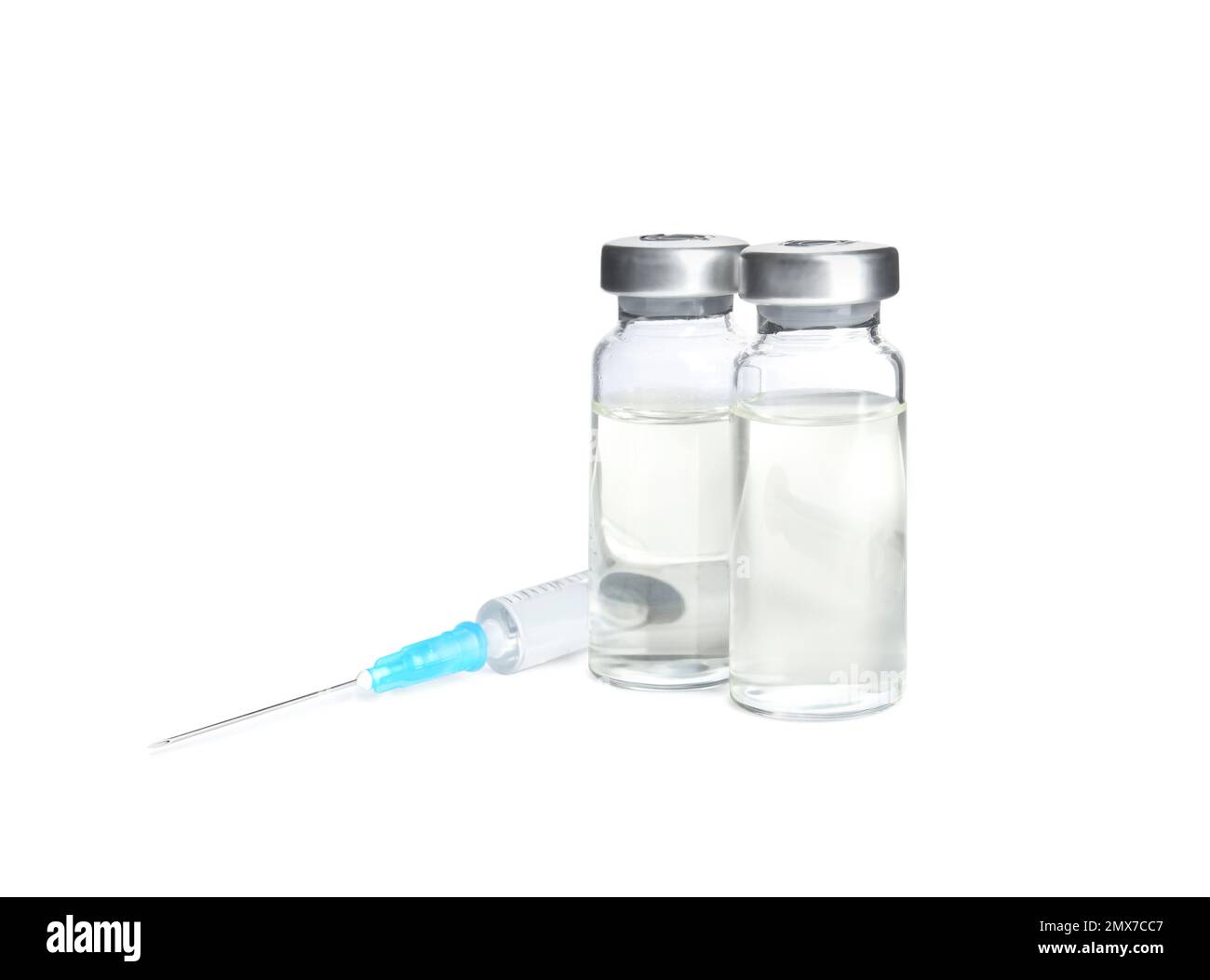 Vials and syringe on white background. Vaccination and immunization ...