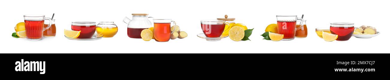 Collage of fresh tea with honey on white background. Banner design ...