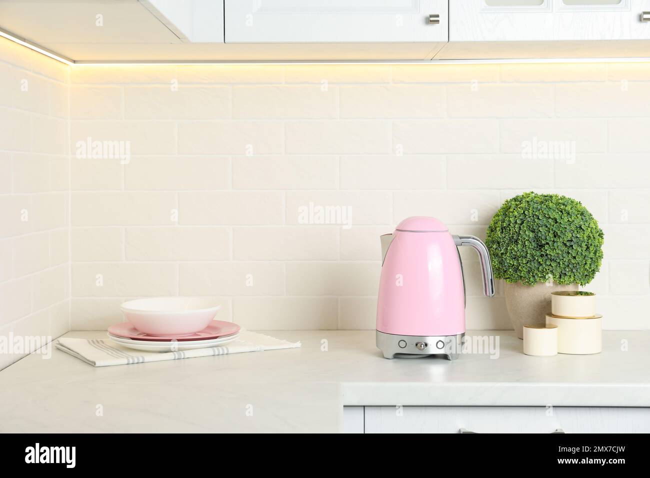 Modern electric kettle, dishes and houseplant on counter in kitchen ...