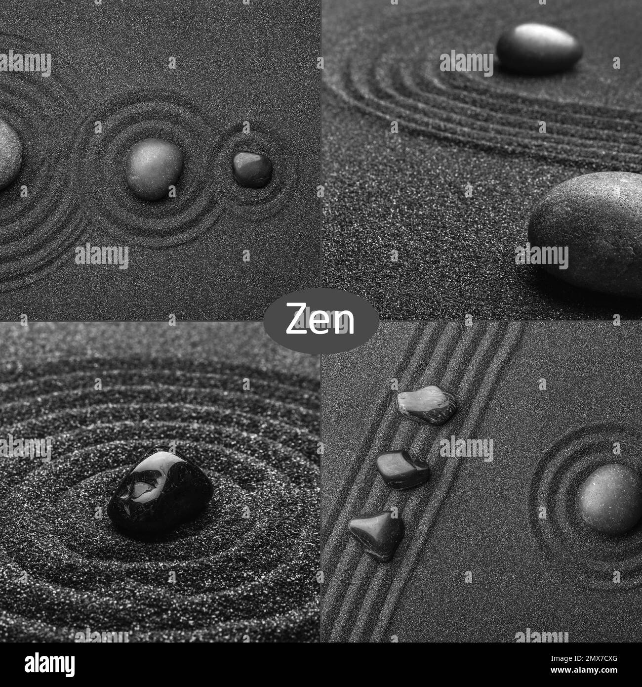 Collage with photos of stones on black sand. Zen and harmony Stock ...