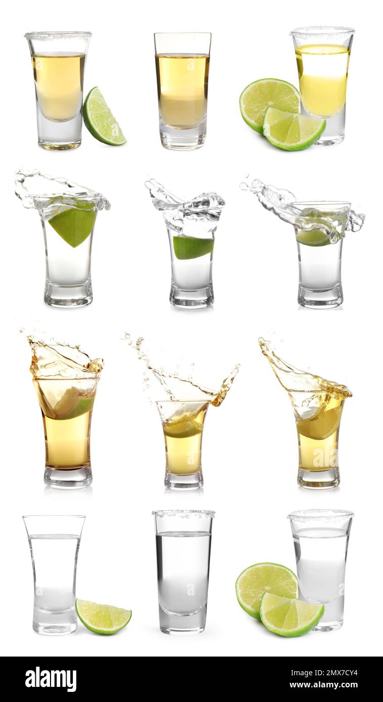 Set of different Mexican Tequila shots on white background. Banner ...