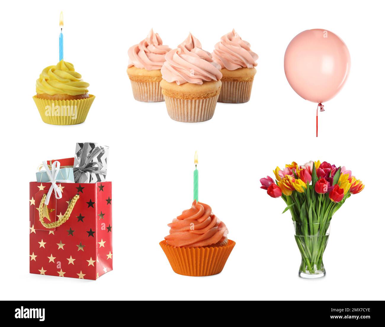 Set of different birthday items on white background Stock Photo - Alamy