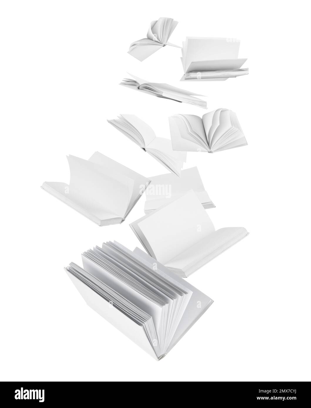 Many hardcover books flying on white background Stock Photo - Alamy