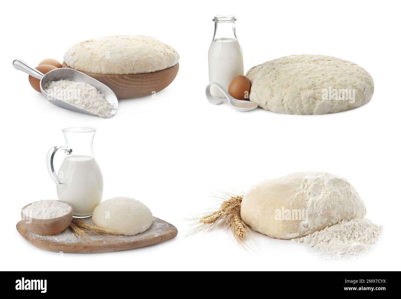Set with raw dough and ingredients for pastries on white background ...