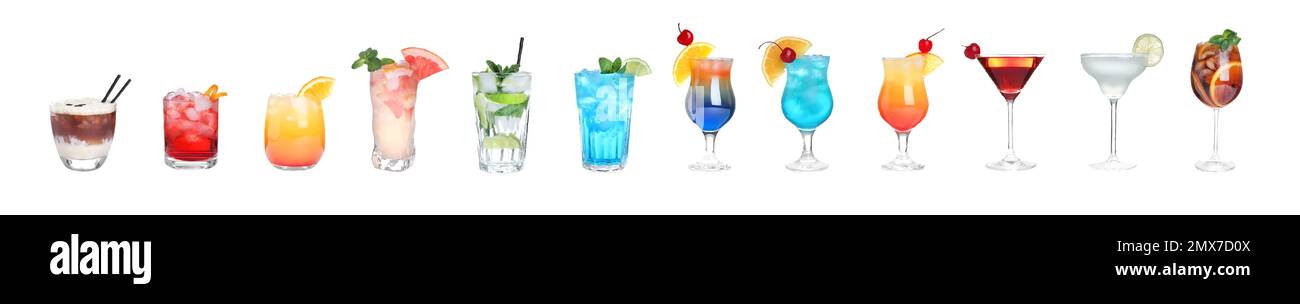 Set of tasty alcoholic cocktails on white background. Banner design ...
