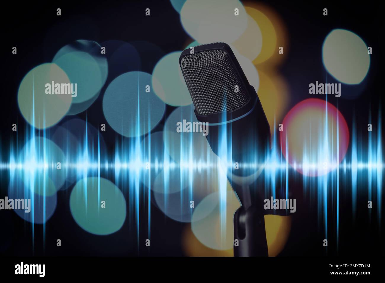 Microphone and radio wave on dark background, bokeh effect Stock Photo ...