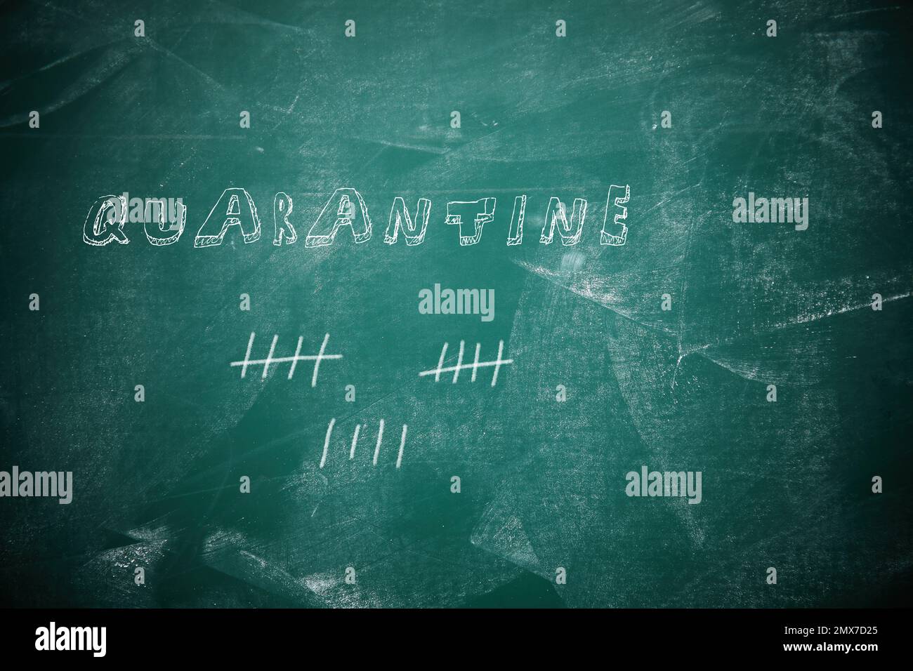 Word Quarantine and tally marks on green board Stock Photo - Alamy