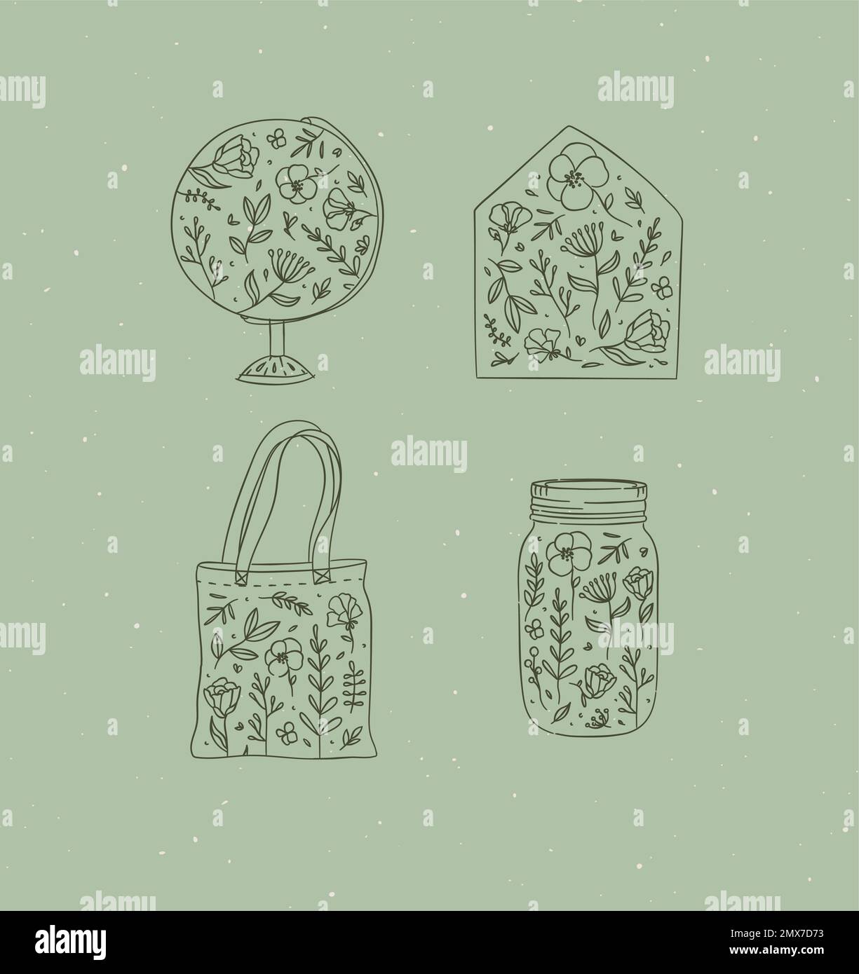 Icons globe, envelope, hand bag, jar of jam with flowers drawing on ...