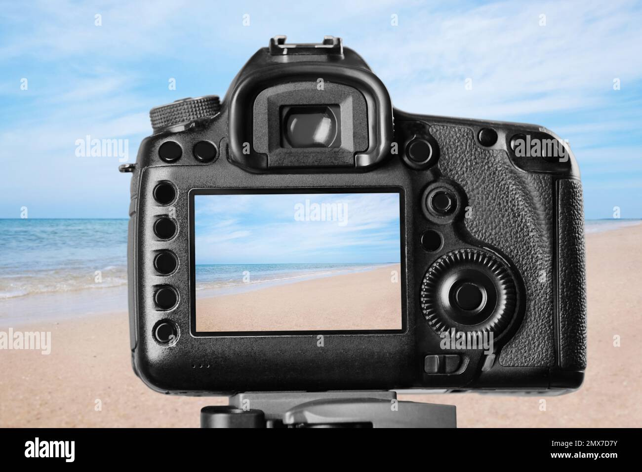 Recording beautiful view of seashore on professional video camera Stock ...